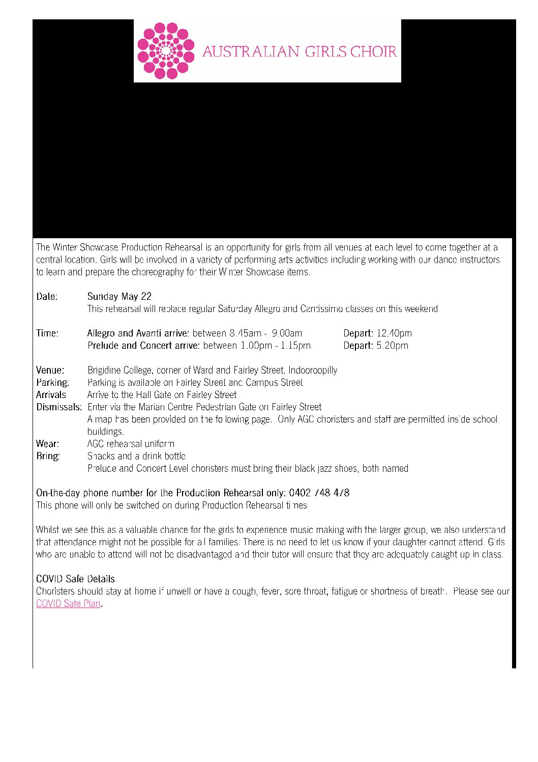 WSC22 QLD - Production Rehearsal Notice - Australian Girls Choir